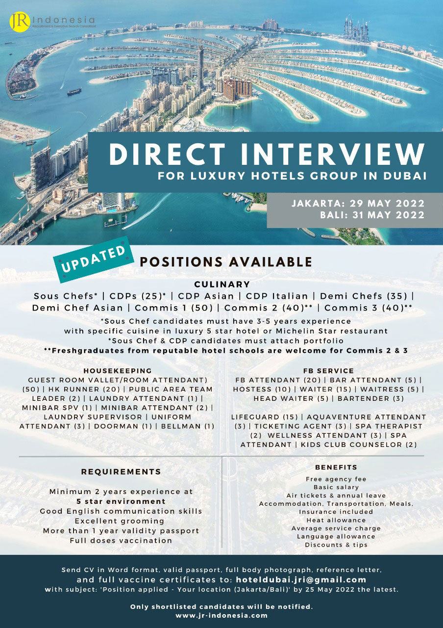 Direct Interview for Luxury Hotels Groups in Dubai – JR-Indonesia